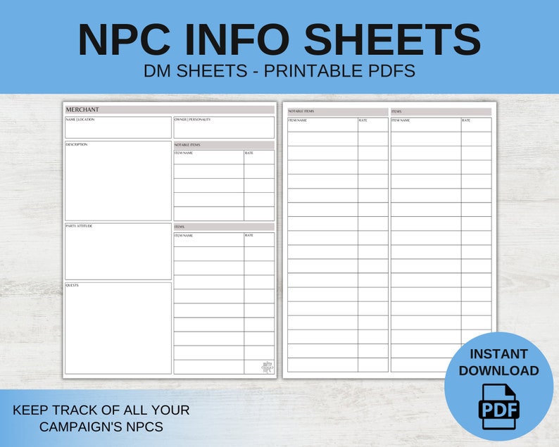Minimalist NPC Info DM Sheets Dnd 5E Printable PDF - Etsy