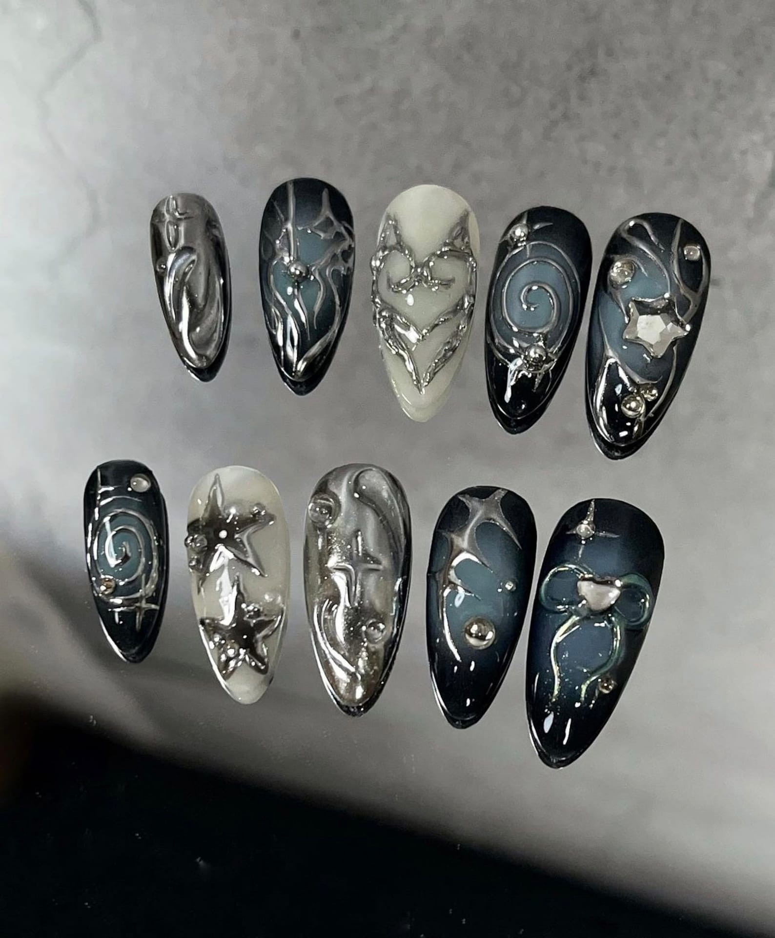 Y2k Black Silver Chrome Nail/ Custom Press on Nails/ Hand Made Press on ...