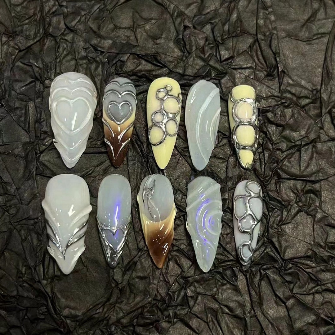 Y2k Black Silver Chrome Nail/ Custom Press on Nails/ Hand Made Press on ...