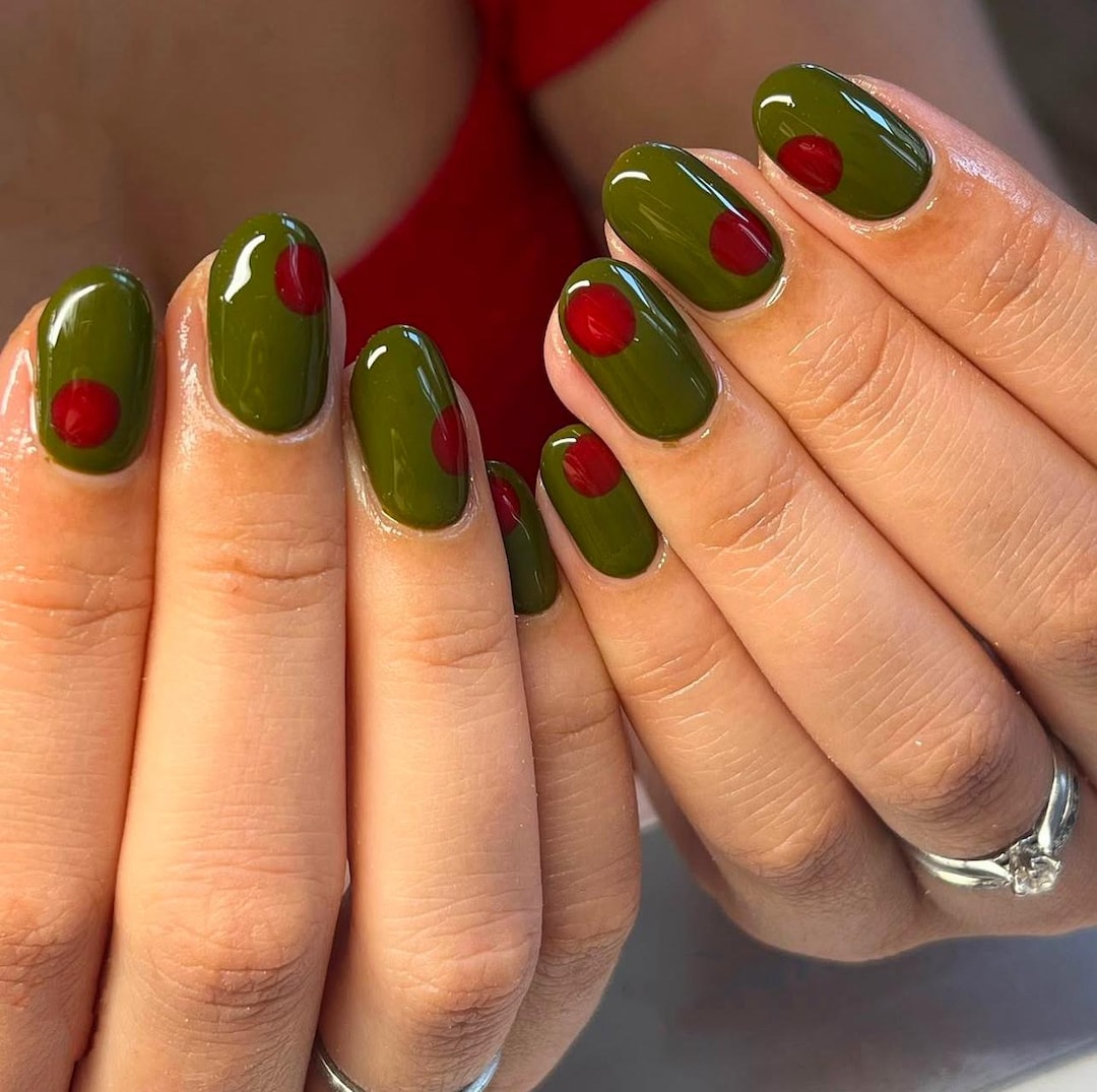 Olive Green Red Dot Nails/ Custom Press on Nails/ Hand Made Press on ...