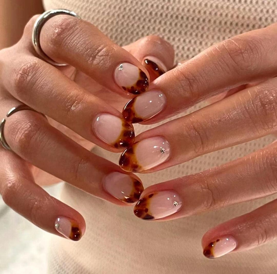 Tortoise Shell French Tip Press on Nails: Hand Painted Y2K Style - Etsy