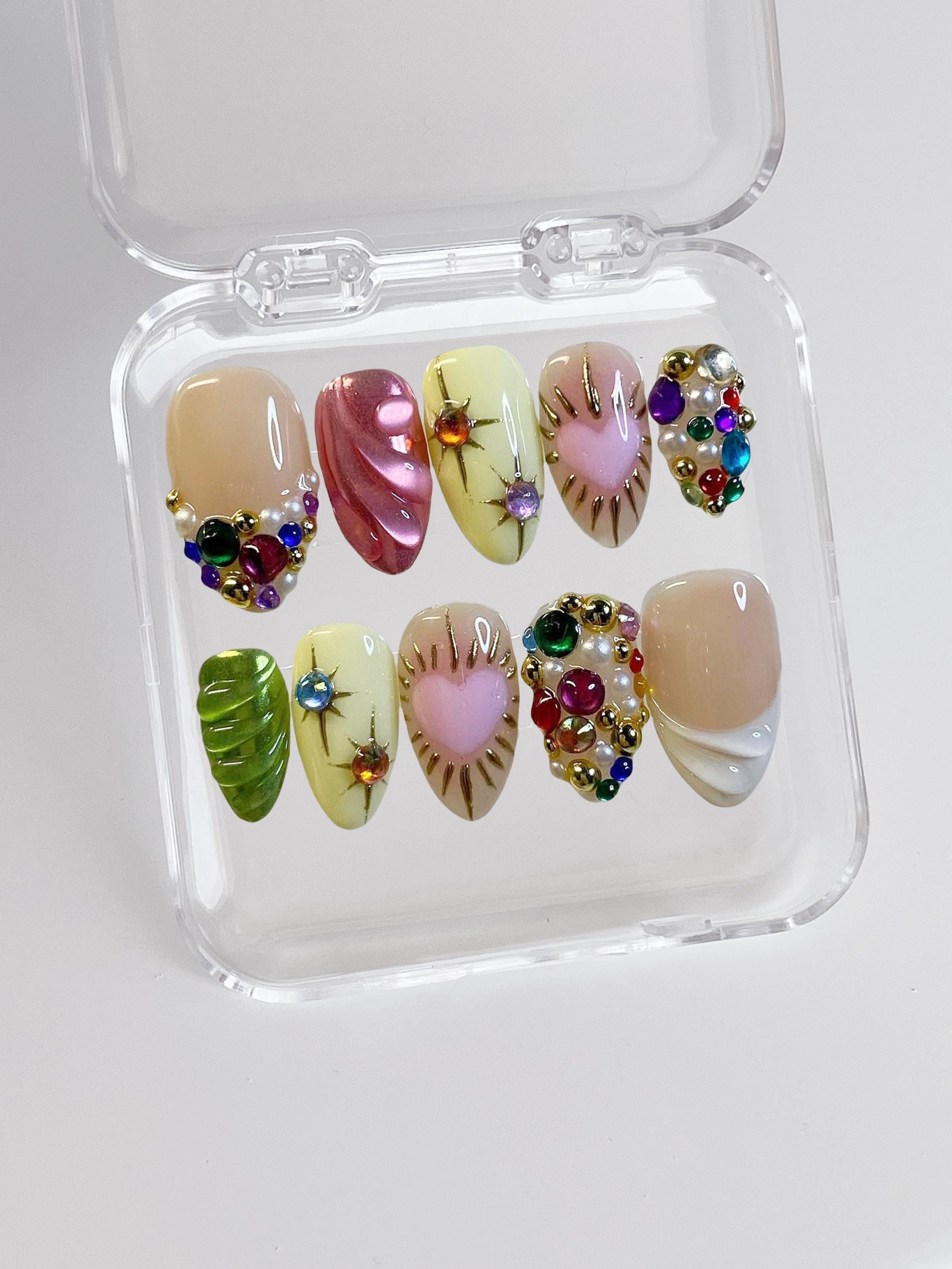 Handmade Multi Color Crystal Press on Nails: Y2K French Tip Faux ...
