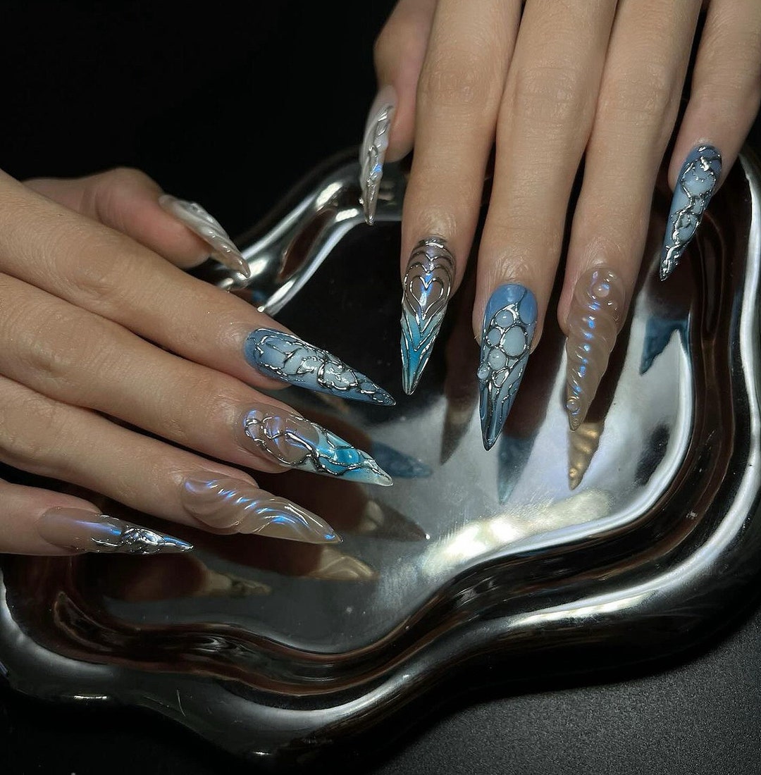 Silver Chrome Y2k Nails/ Custom Press on Nails/ Hand Made Press on ...