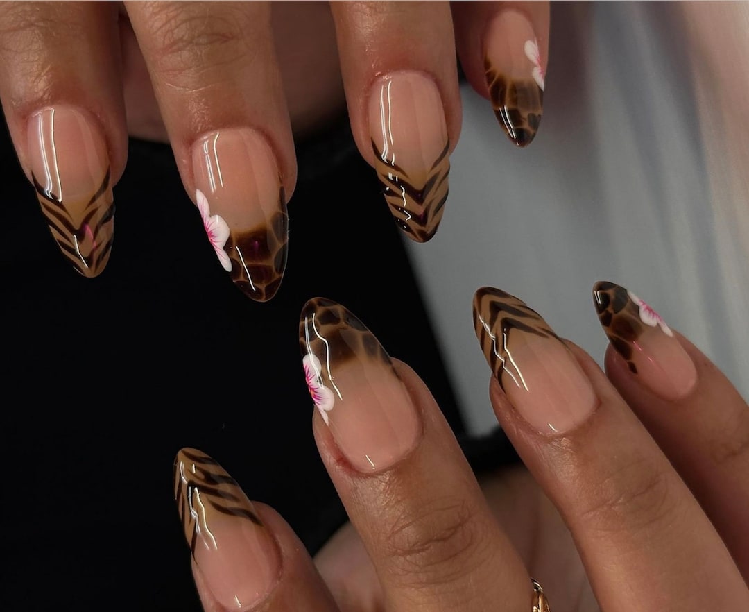 Leopard Print French Tip Press on Nails: Floral Accent, Handmade Gel ...