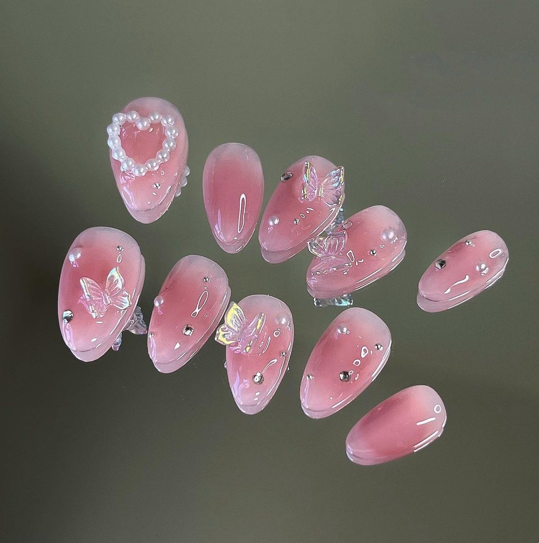 Pink Butterfly Press on Nails: Handmade Faux Acrylic Gel Nails - Etsy