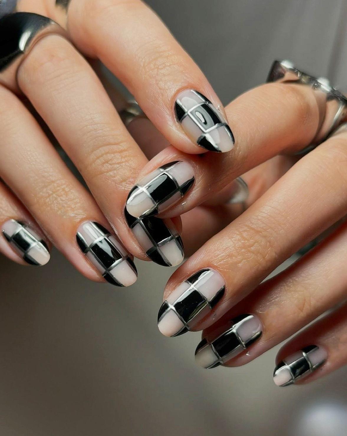 Silver Chrome Checkerboard Press on Nails: Handmade Custom Gel Nails - Etsy