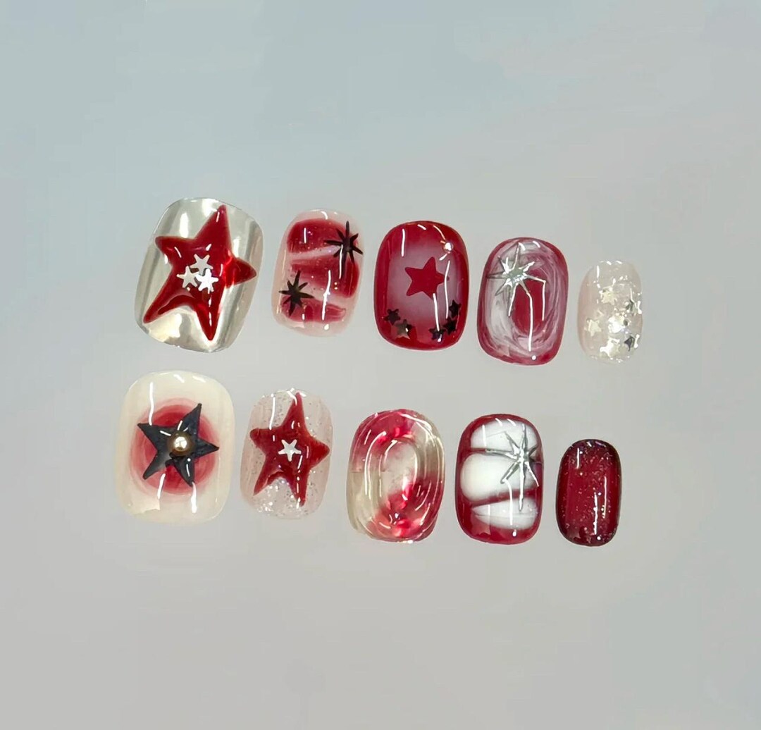 Red and Silver Chrome Star Press on Nails: Y2k Style Custom Nails - Etsy