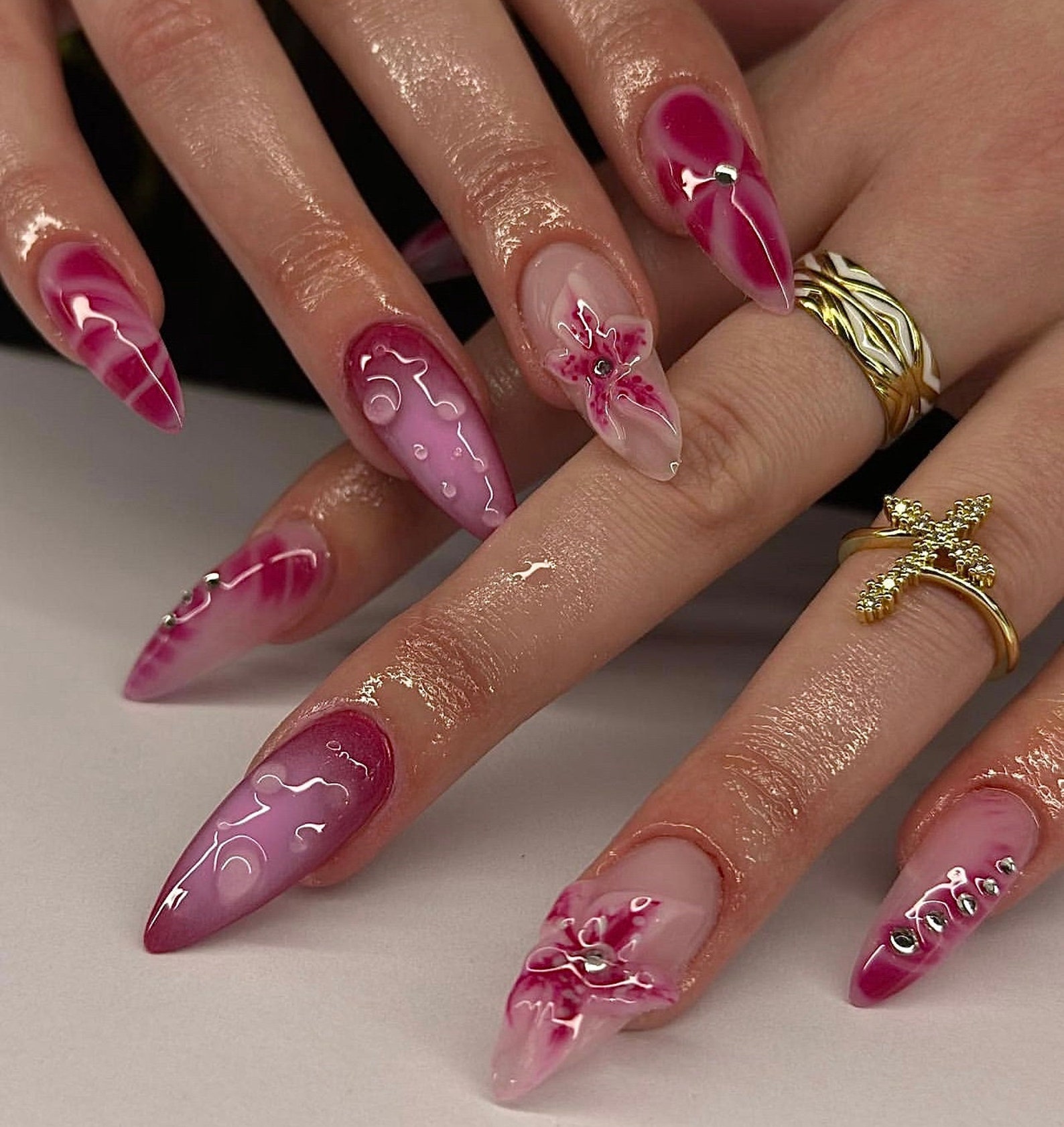 3d Pink Flower Hand Painted Nail/ Custom Press on Nails/ Hand Made Press on Nails/faux Acrylic ...