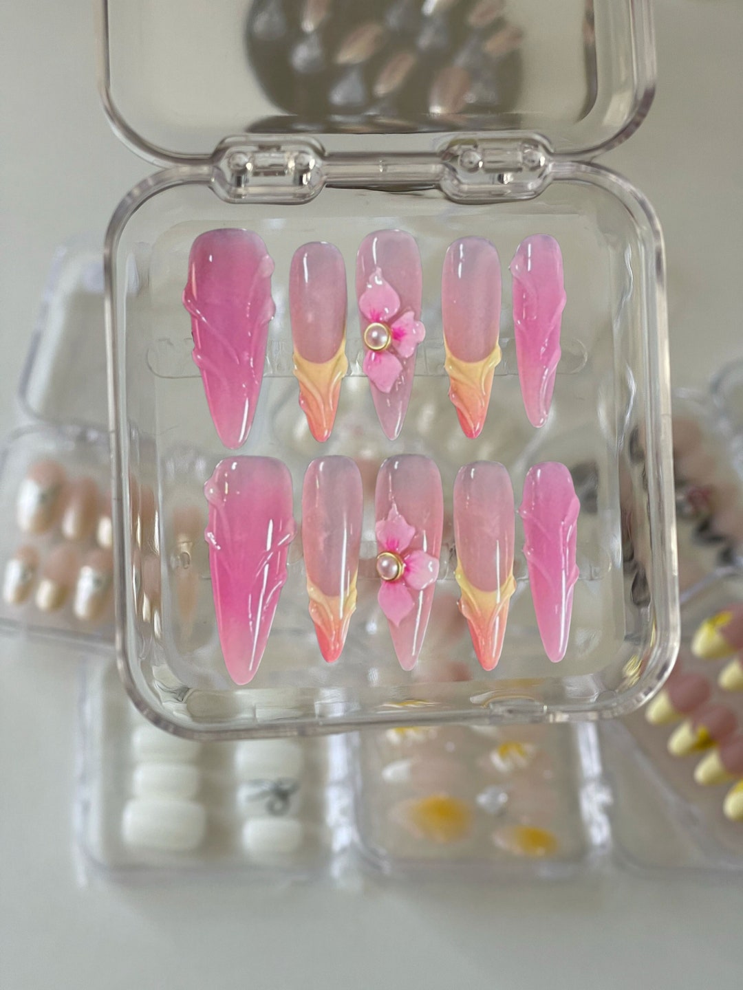 3d Flower Hand Painted Nail/ Custom Press on Nails/ Hand Made Press on ...