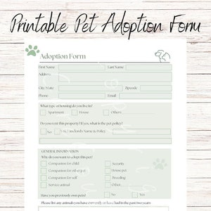Printable Pet Adoption Form Animal Adoption Printable Download Pet ...
