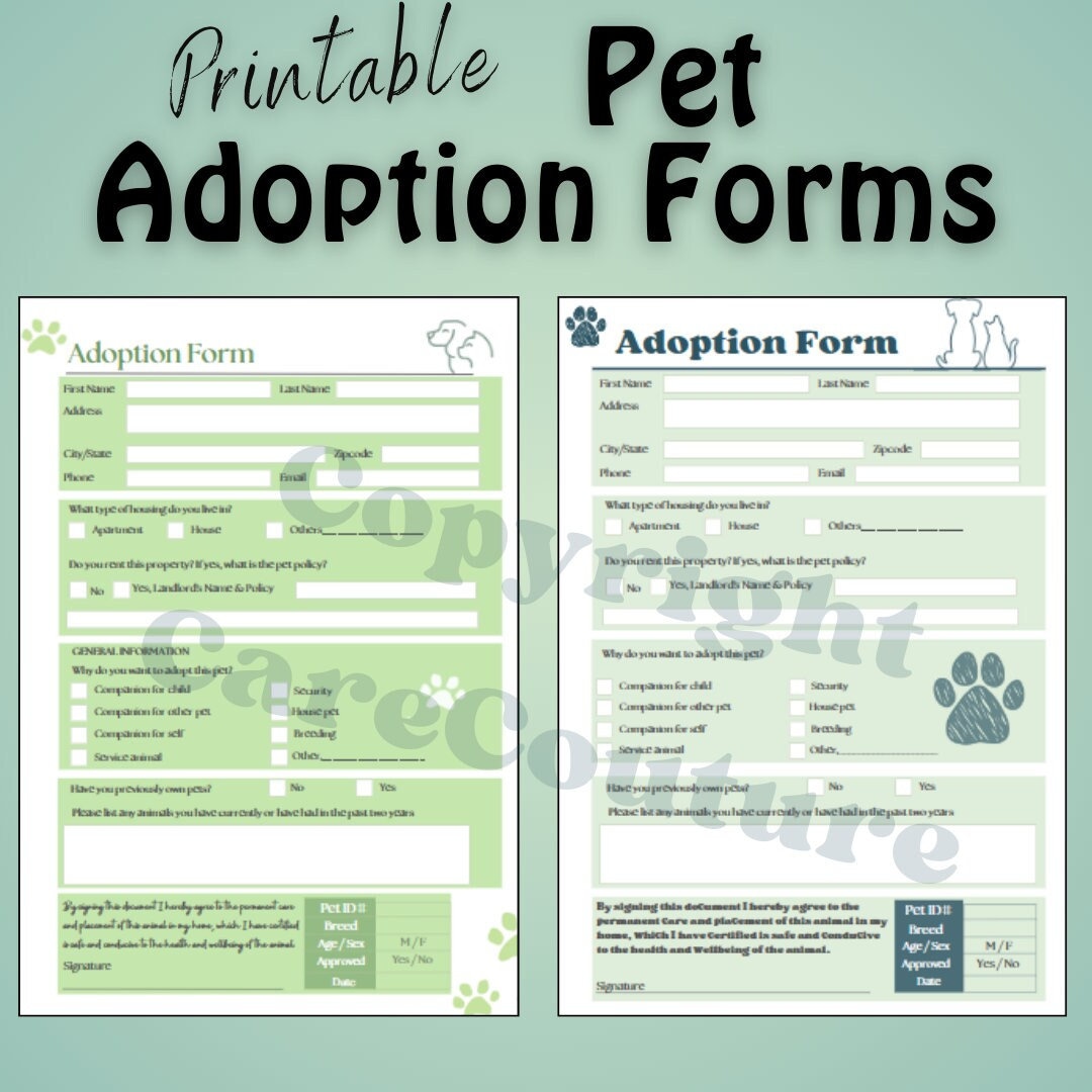 5 Pack Dog Adoption Form, Grey Green Blue Unique Dog Paperwork, Animal ...