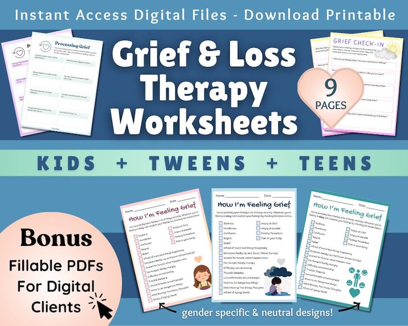 Grief Therapy Worksheets, Kids Teens Counseling, Grief Check-in ...