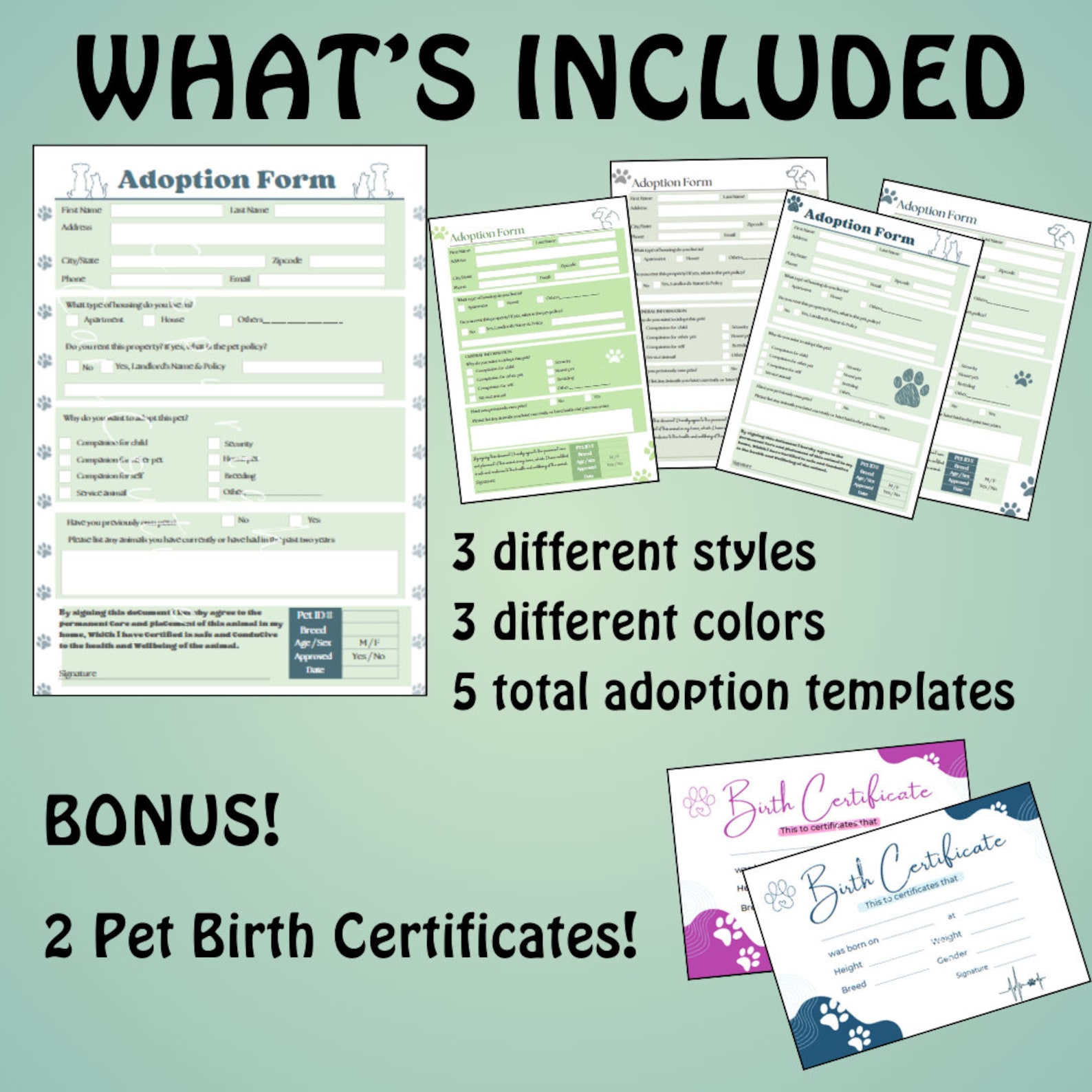 Printable Pet Adoption Form Animal Adoption Printable Download Pet ...