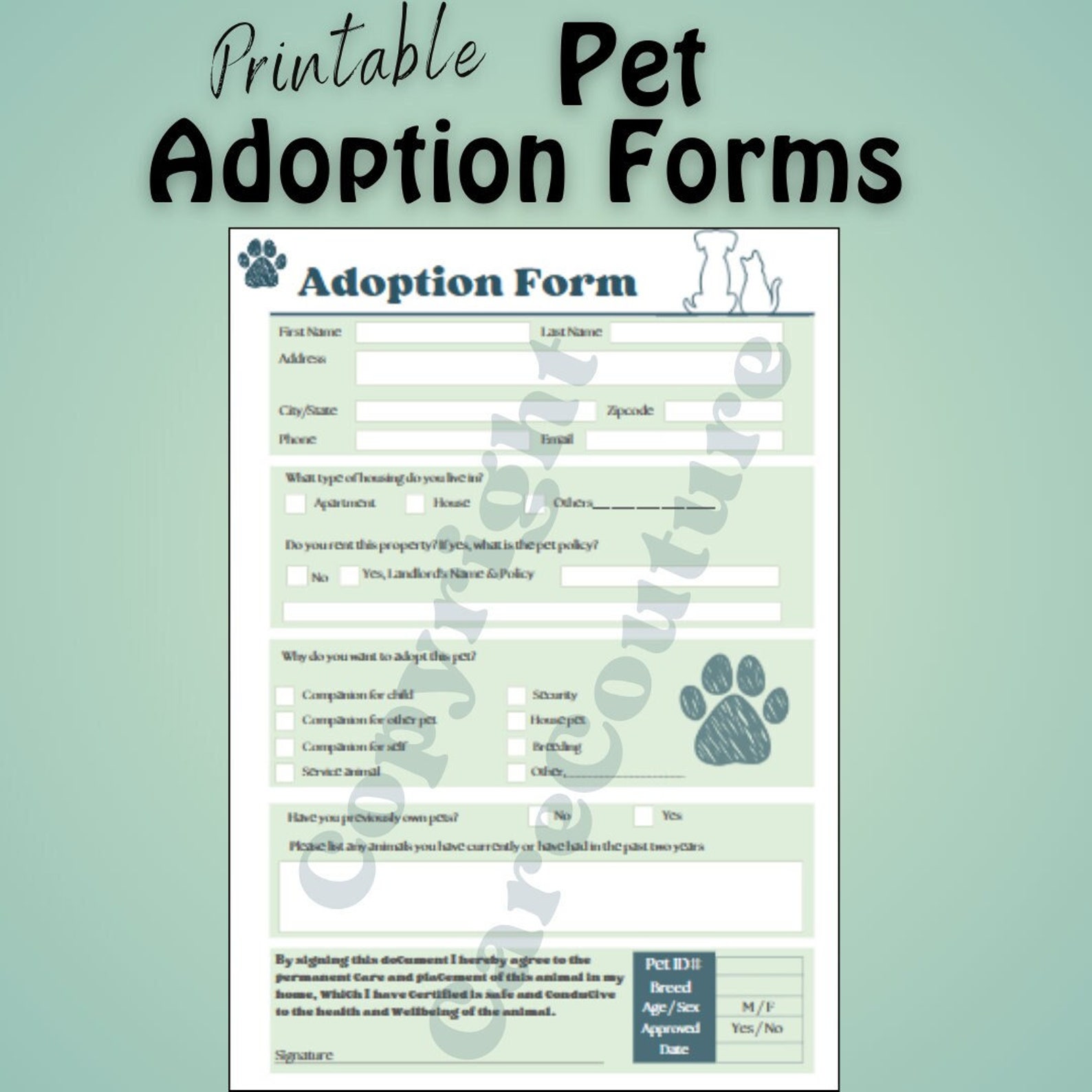 Printable Pet Adoption Form, Animal Rescue Template (download) - Etsy