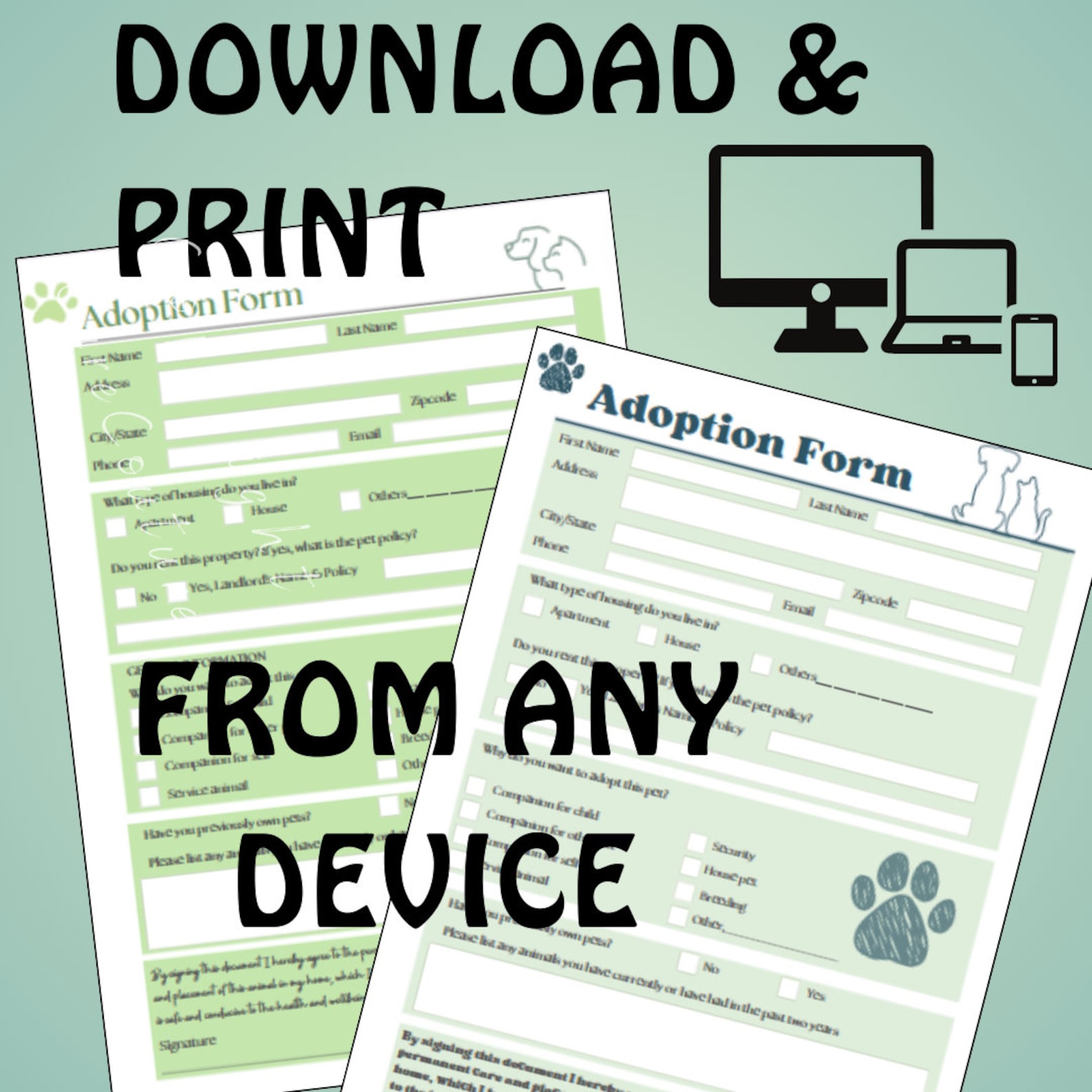 Printable Pet Adoption Form Animal Adoption Printable Download Pet ...