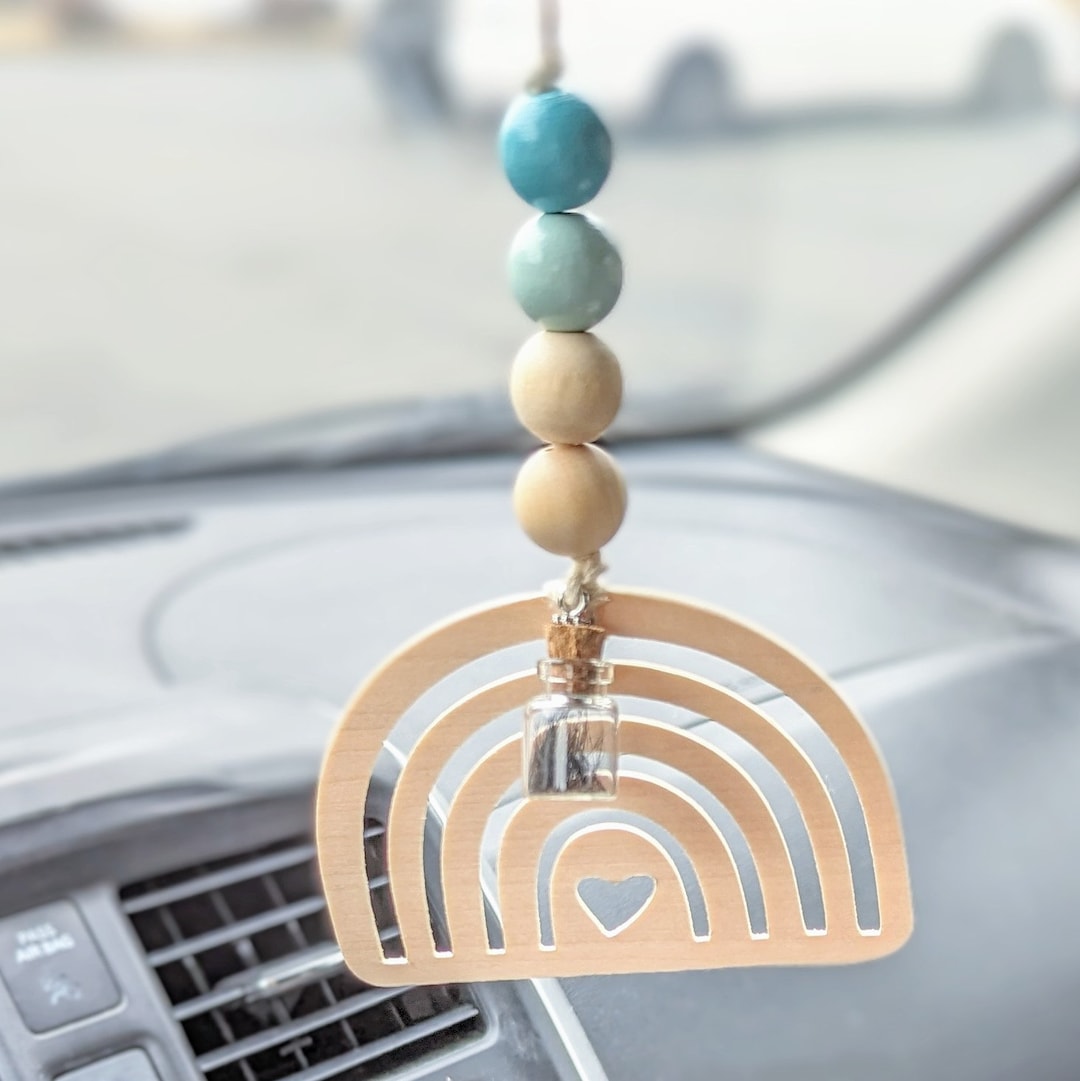 Rainbow Bridge Wood Car Rearview Mirror Charm, Boho Car Decor, Hemp Car ...