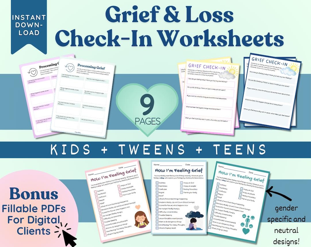 Kids Grief & Loss Check-in Worksheets, Therapy Journal (digital ...