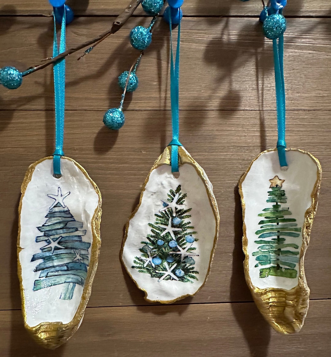 Coastal Christmas Tree Decoupage Oyster Shell Ornaments - Etsy