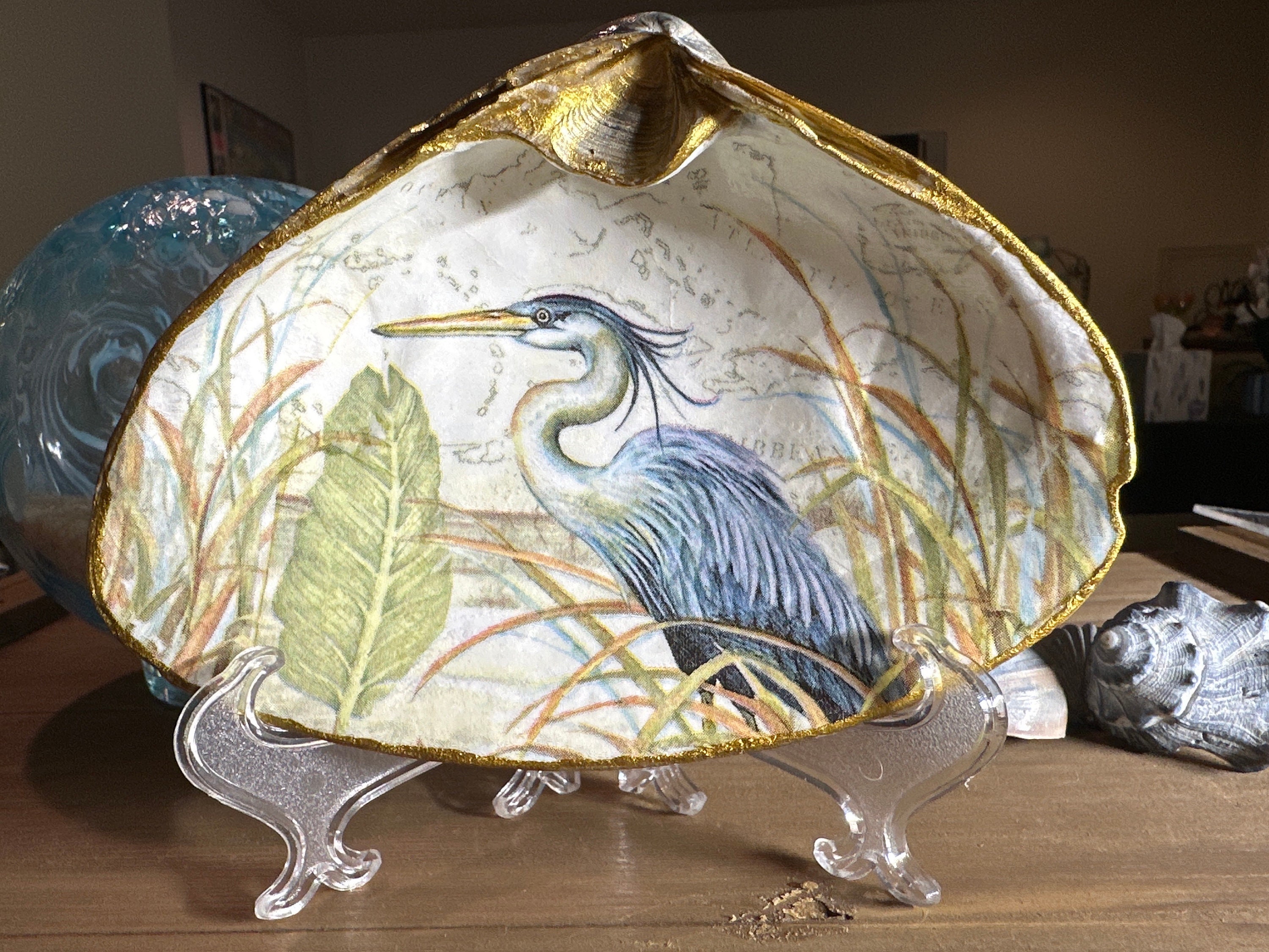 Blue Heron Decoupage Clam or Oyster Shell - Etsy