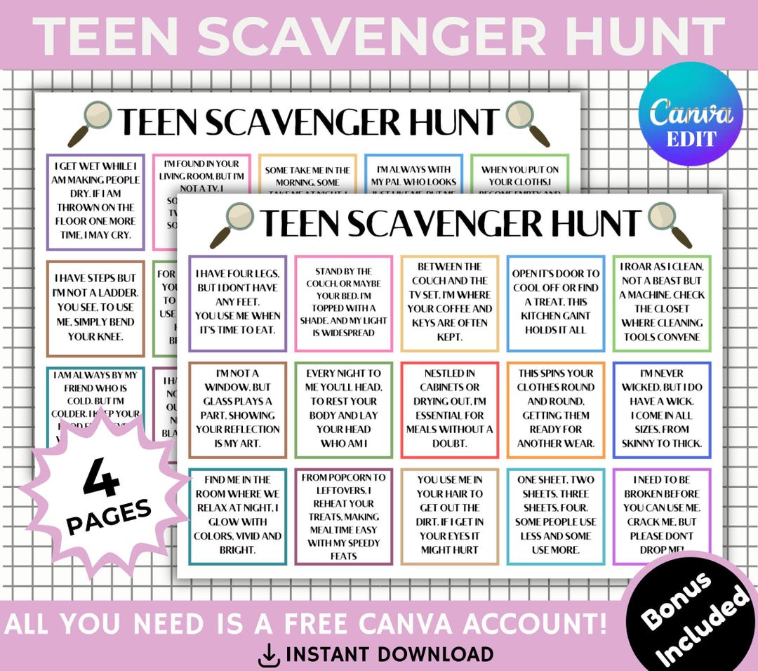 Indoor Teen Scavenger Hunt, Teen and Tween Treasure Hunt, Scavenger ...