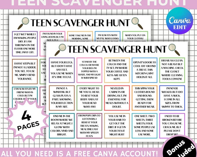 Indoor Teen Scavenger Hunt Teen and Tween Treasure Hunt Scavenger Hunt ...