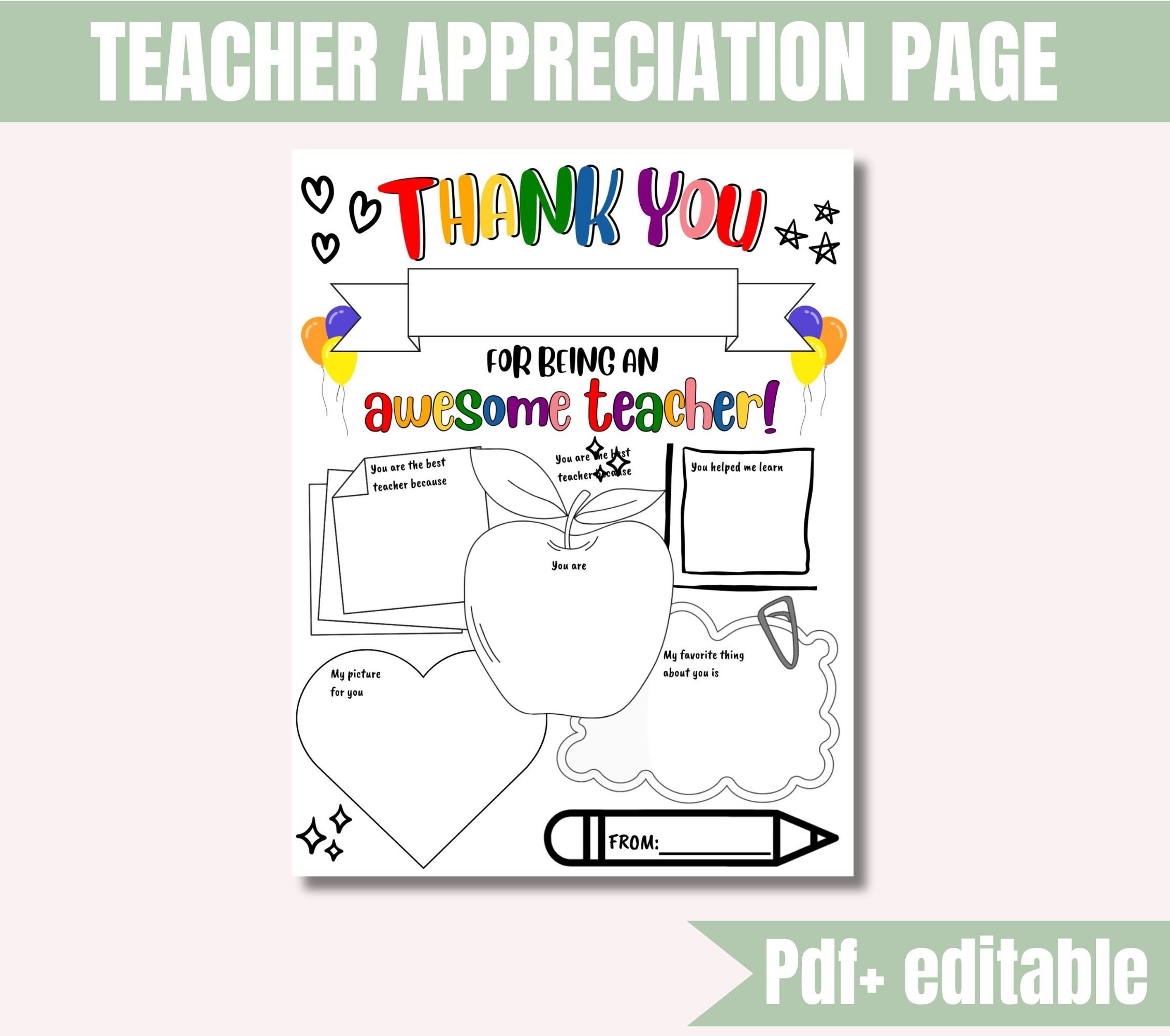 Editable Teacher Appreciation Coloring Page, Teacher Gift Idea, Teacher ...