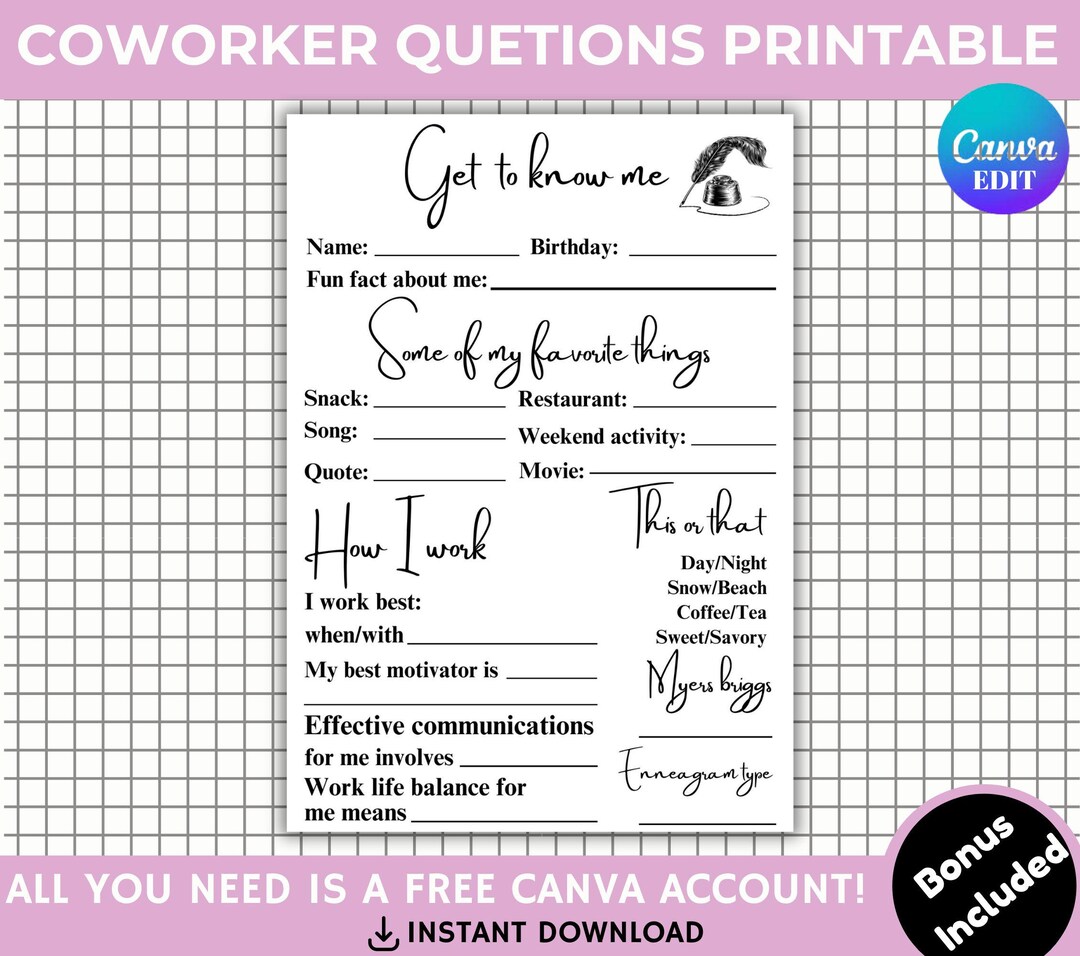 Editable Coworker Questions, Printable All About Me Employee ...
