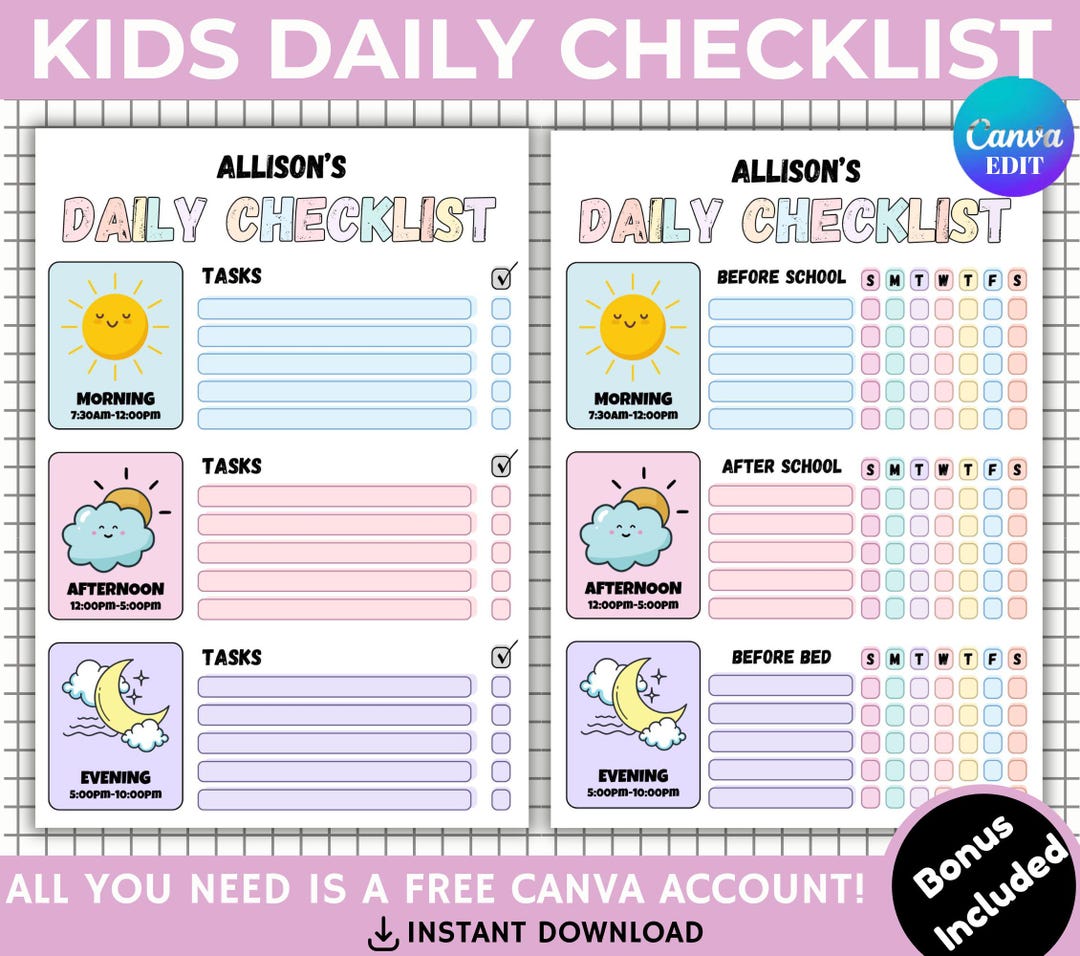 Kids Daily School Checklist, Responsibility Chart, to Do List, Editable ...