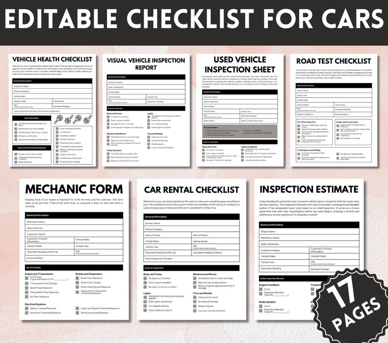 Editable Visual Vehicle Inspection Checklist, Fillable Multipoint ...
