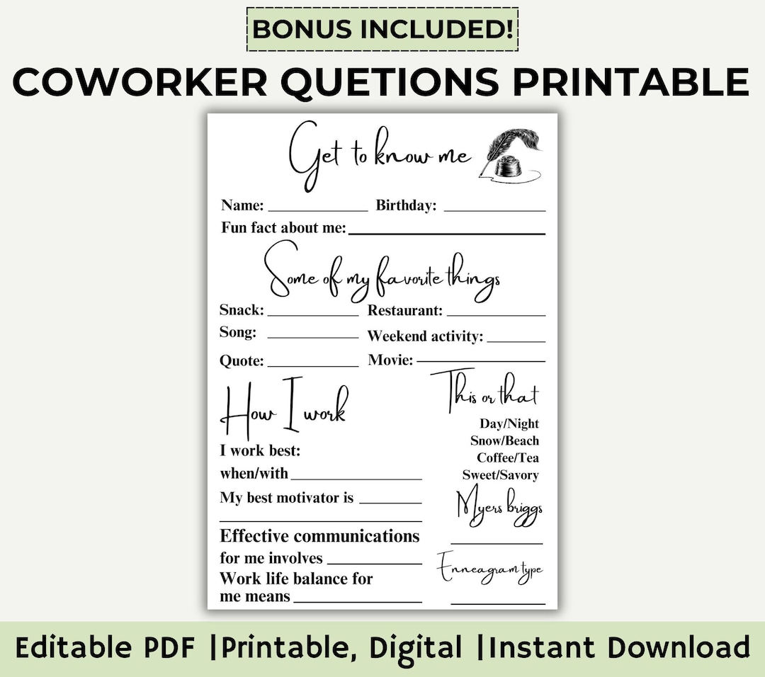 Editable Coworker Questions, Printable All About Me Employee ...