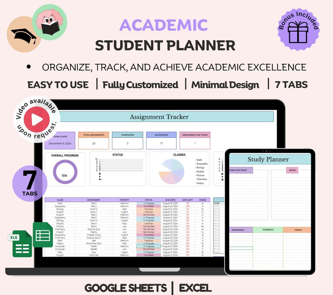 Academic Student Planner Spreadsheet, Assignment Tracker Google Sheets ...