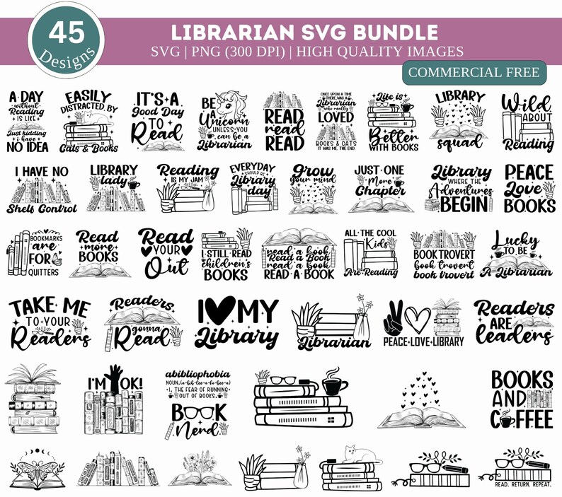 Librarian SVG PNG Bundle, Reading SVG Bundle, Book Lovers Svg, Book ...