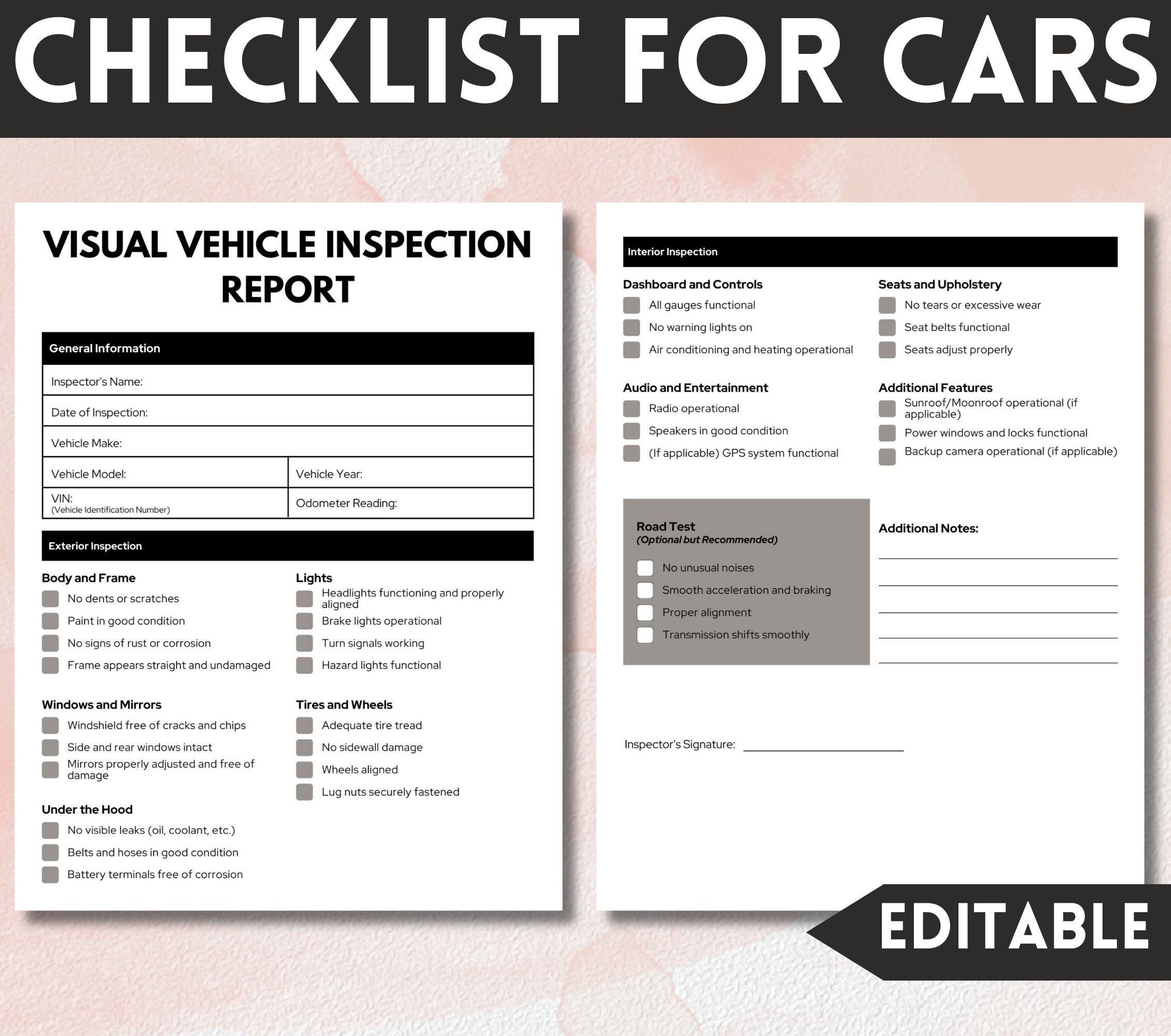 Editable Visual Vehicle Inspection Checklist, Fillable Multipoint ...