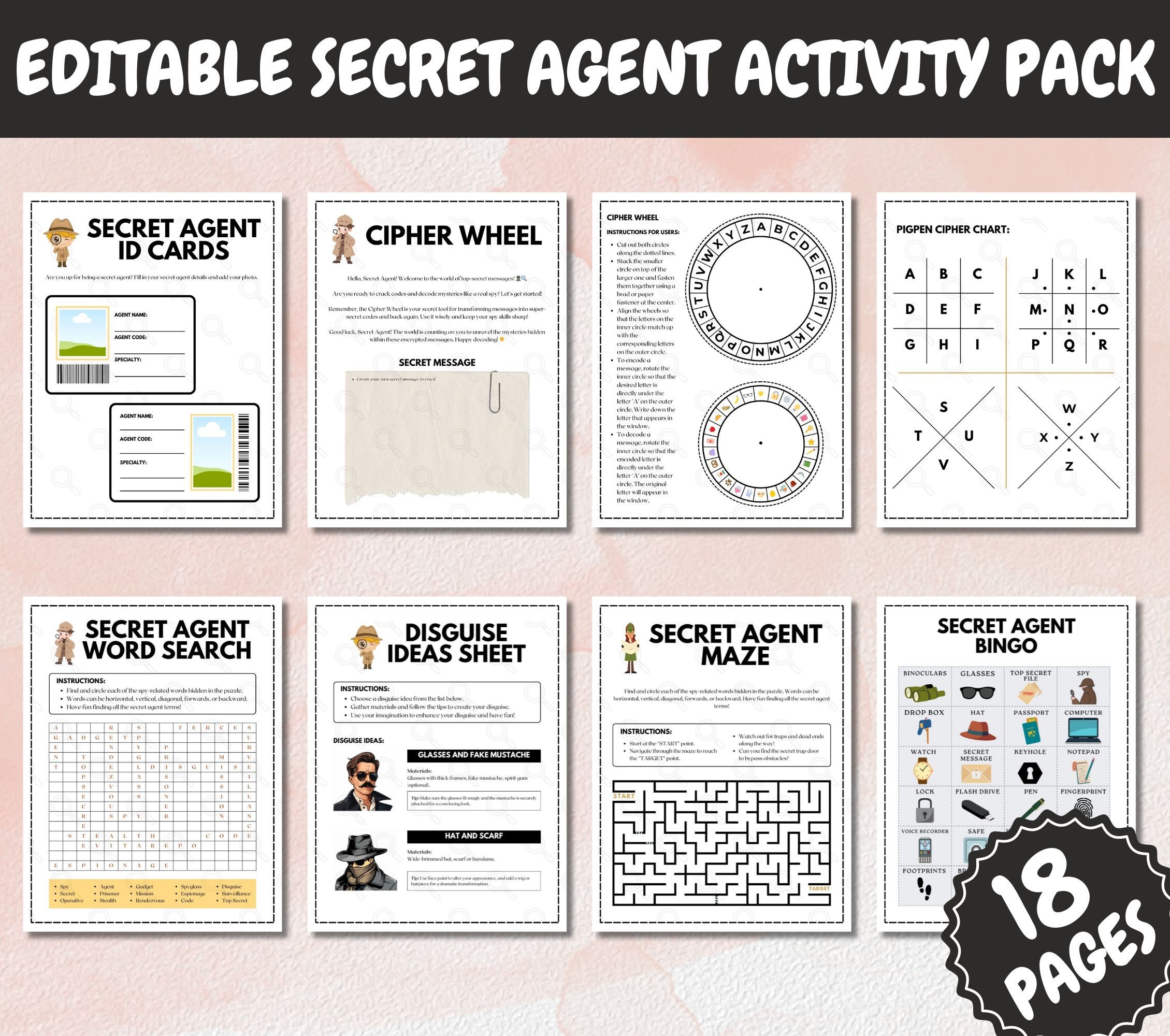 Editable Secret Agent Spy Activity Games for Kid, Detective Birthday ...