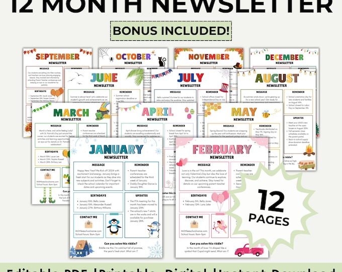 Newsletter Template, Editable Newsletter, Monthly Newsletter, School ...