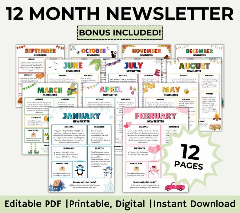 Monthly Classroom Newsletter, Daycare Class Newsletter, 12 Month ...