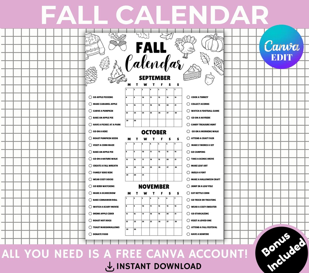 Fall Bucket List Calendar Printable, 2024 Autumn Countdown Calendar ...
