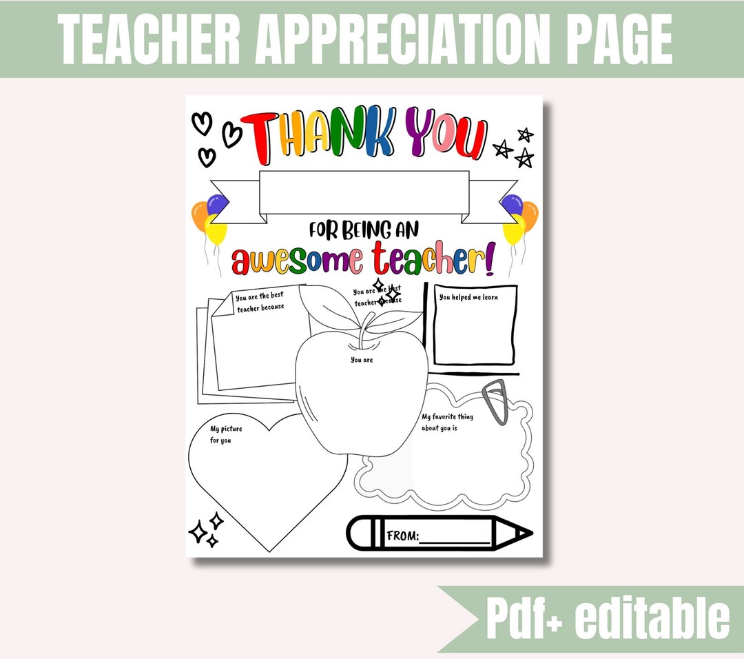 Editable Teacher Appreciation Coloring Page, Teacher Gift Idea, Teacher ...