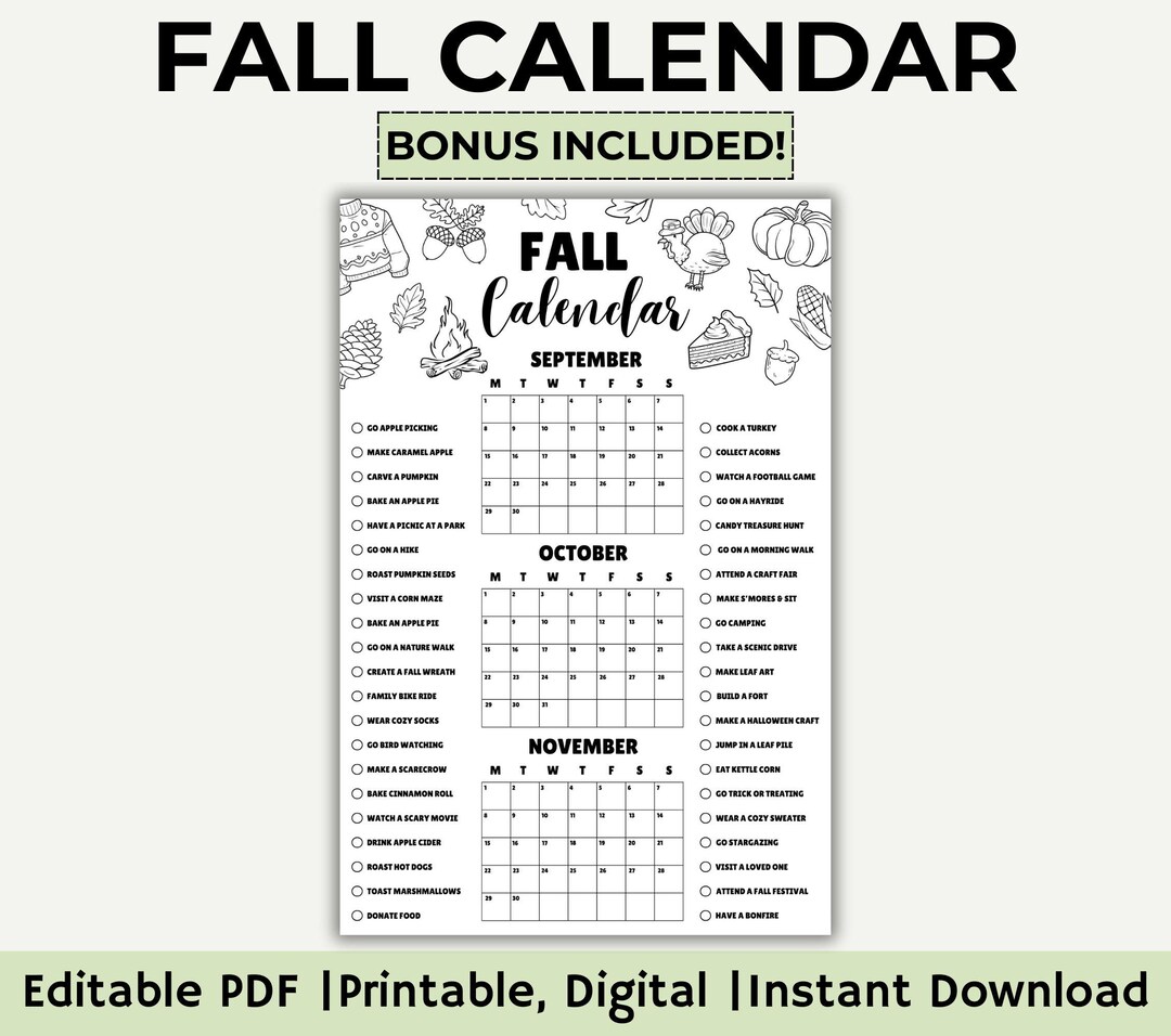 Printable Fall Calendar Poster, Fall Activities Calendar, Autumn ...