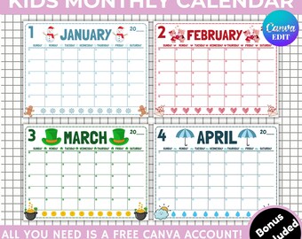 Calendar 2024 Printable, Kids Monthly Planner, Kids Calendar 2024 ...