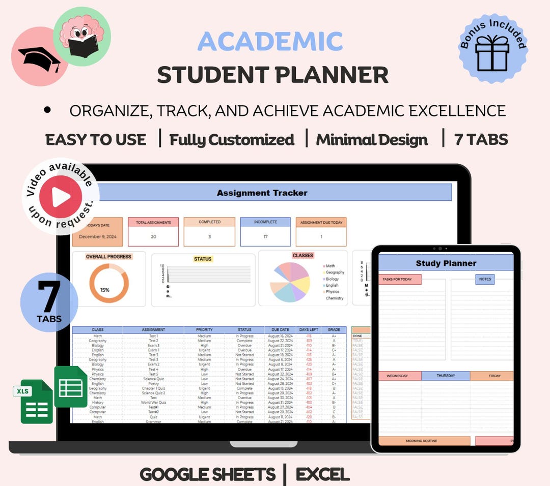 Student Planner Spreadsheet, Assignment Tracker Academic Planner Google ...