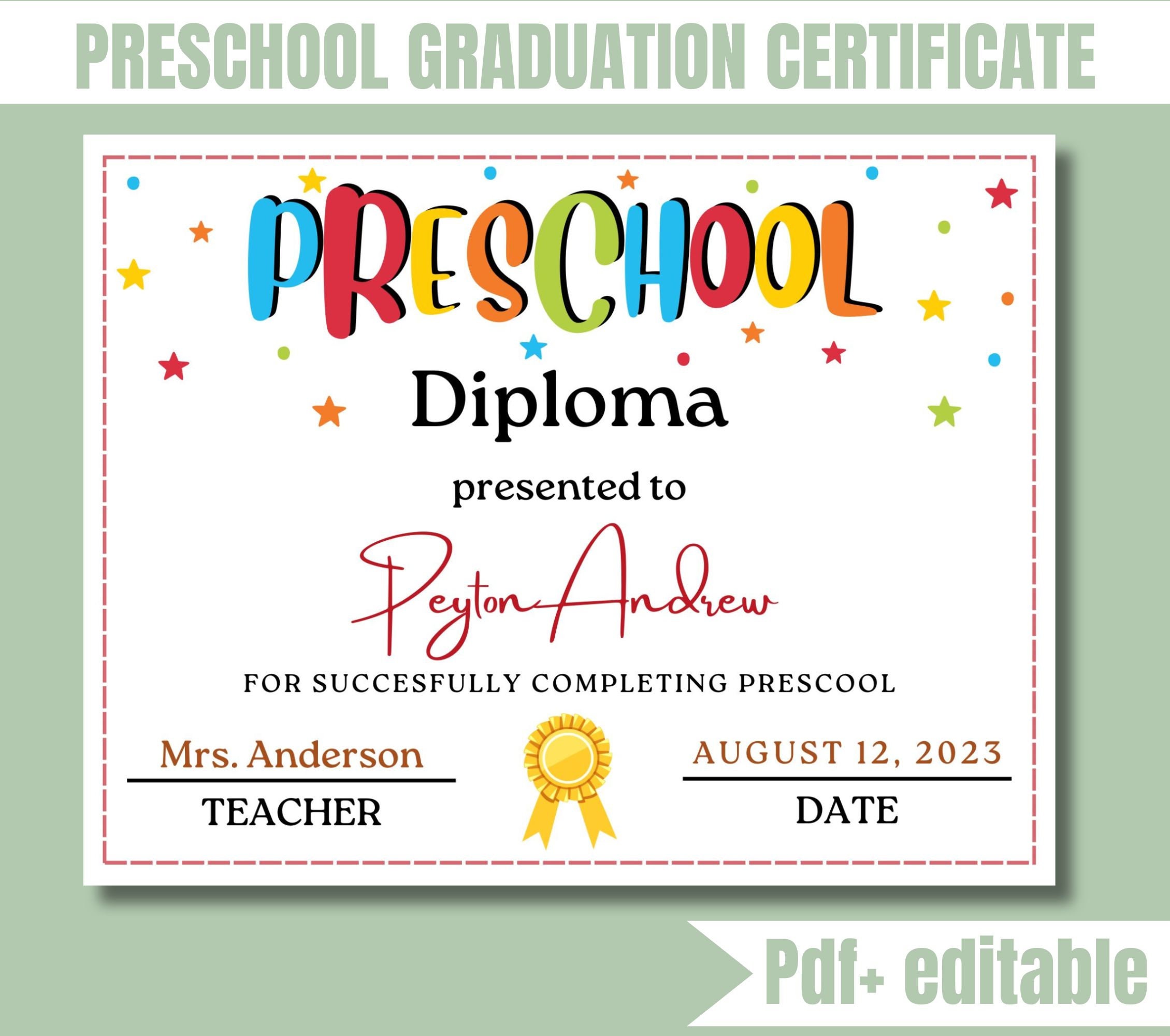 Editable Preschool Diploma, Personalized Graduation Certificate, School ...