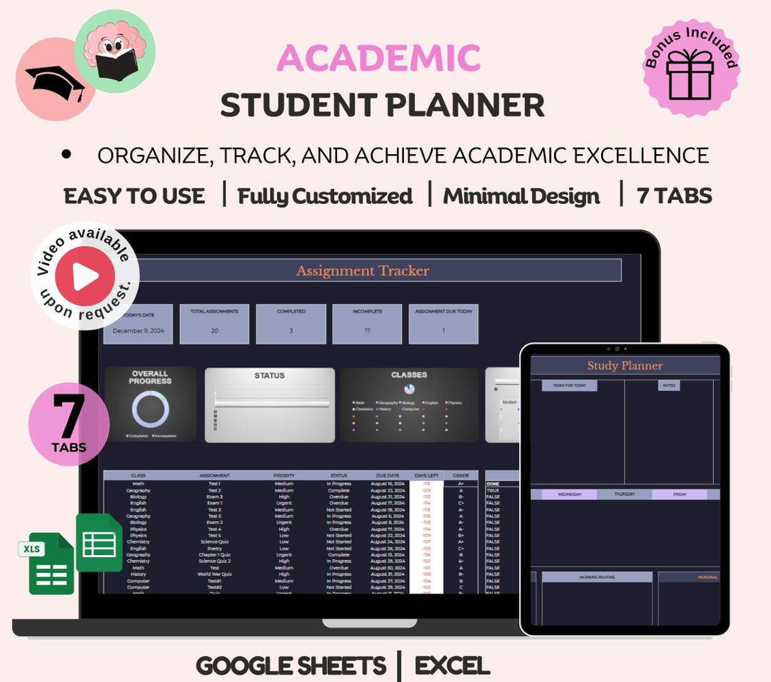 Student Planner Spreadsheet, Assignment Tracker Academic Planner Google ...