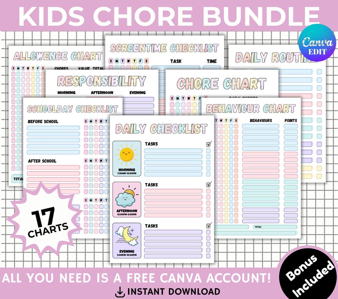 Editable Kids Chore Chart Bundle, Reward, Allowance, Screen Time ...