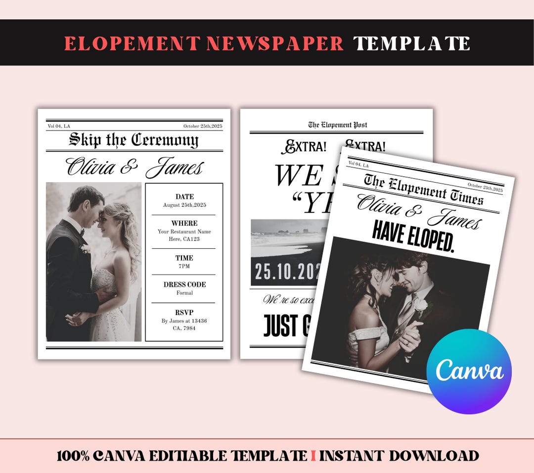 Canva Elopement Announcement Newspaper Template, Editable Intimate ...