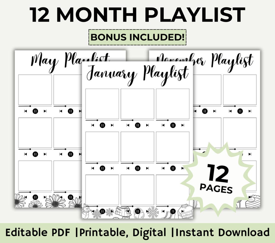 PRINTABLE Playlist Tracker Yearly, 12 Month Trcakcer, Playlist Planner ...