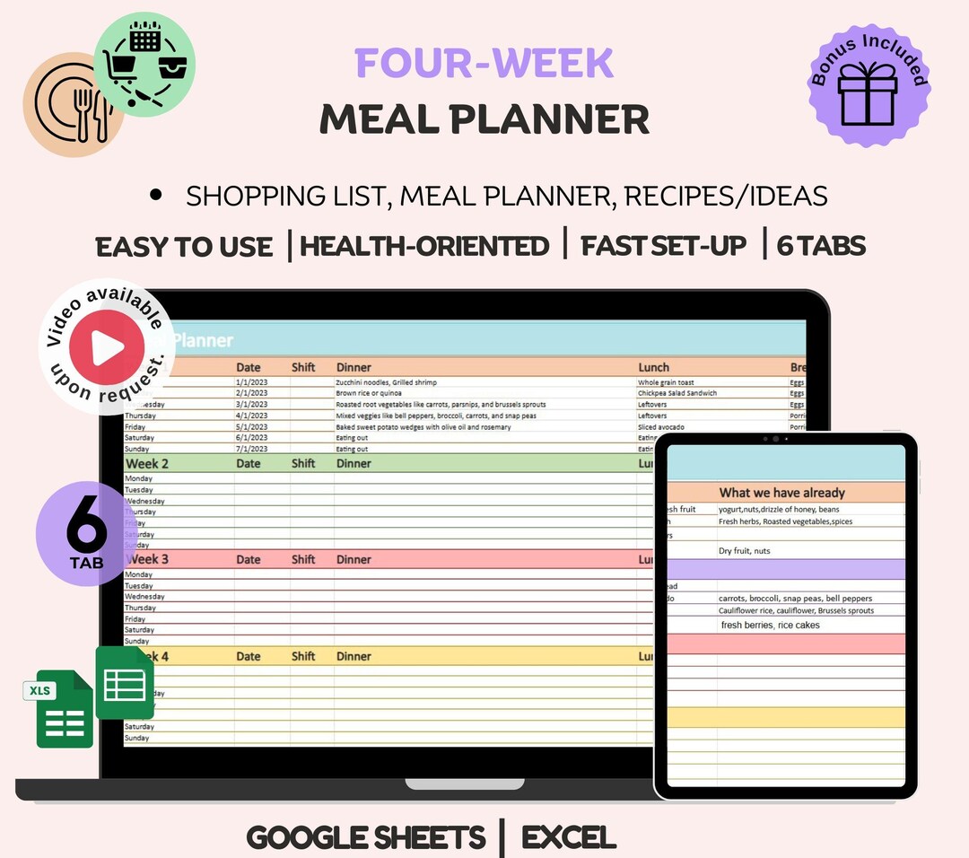 Weekly Meal Planner Google Sheets, Recipe Journal, Meal Planner ...