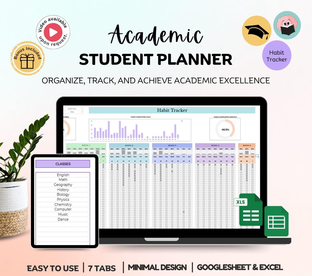 Student Planner Spreadsheet, Assignment Tracker Academic Planner Google ...