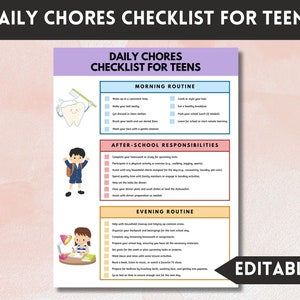 Daily Chore Checklist Kids Teens, Teen Routine Checklis, Daily Reminder ...
