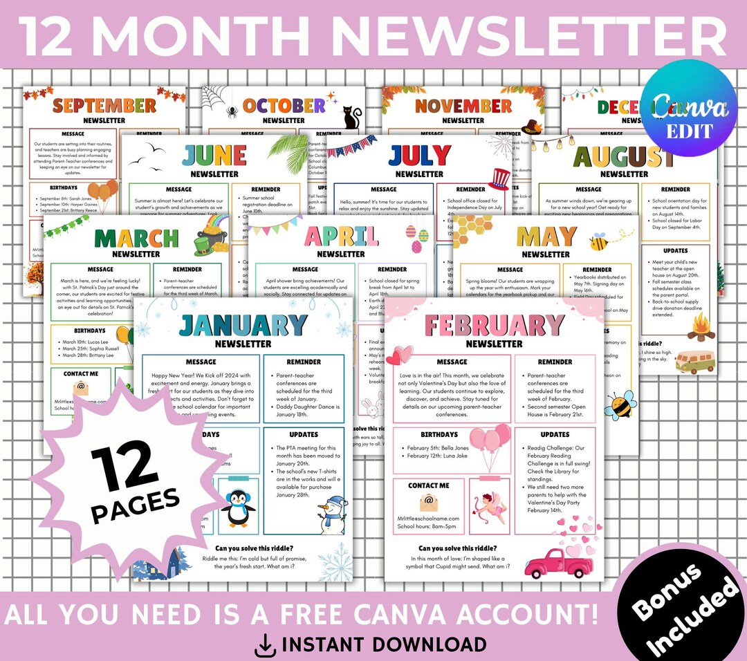 12 Months Bundle Fully Editable Newsletter Template, Yearly News, Back ...